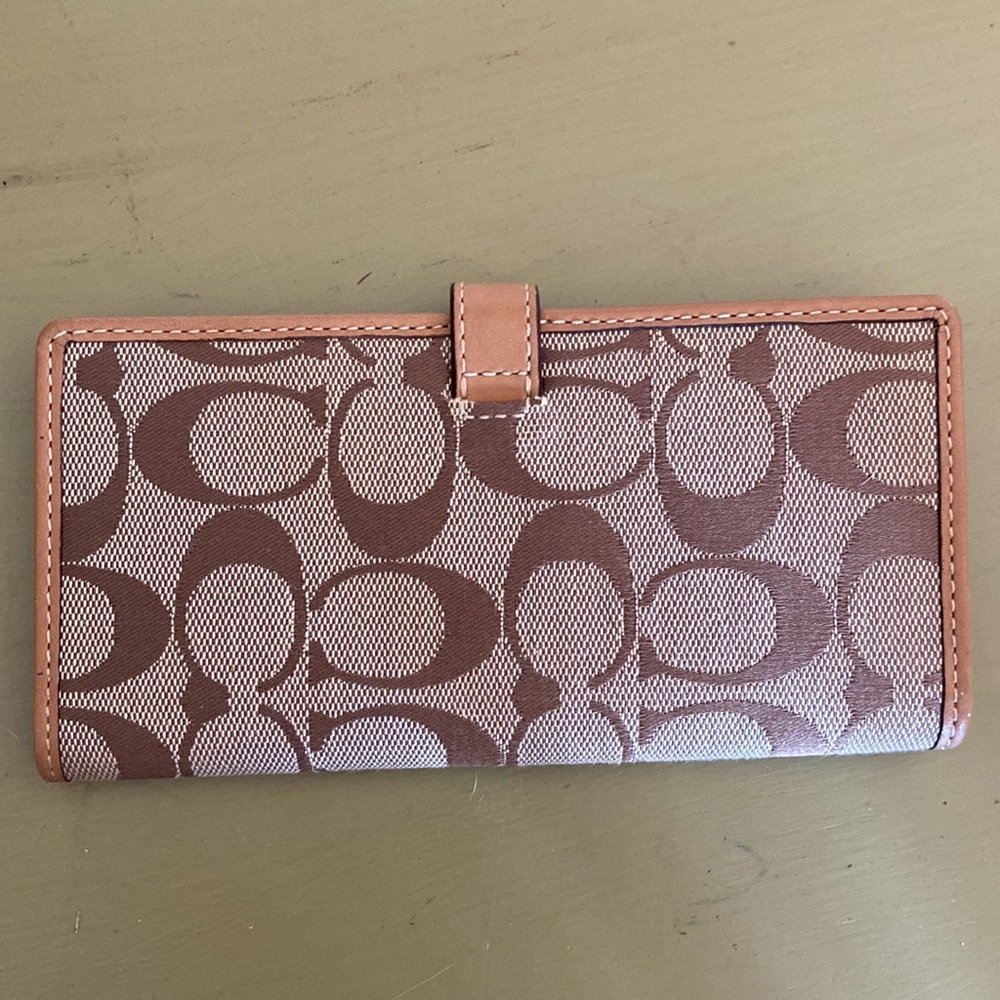 Coach Signature Beige Canvas Leather Trim Wallet - Gem